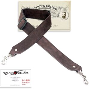 Walker & Williams BS-2-BRN Cognac Brown Thick Suede Adjustable Banjo Strap With Hefty Brass Clip Ends For Bluegrass And Frailing Type Banjos