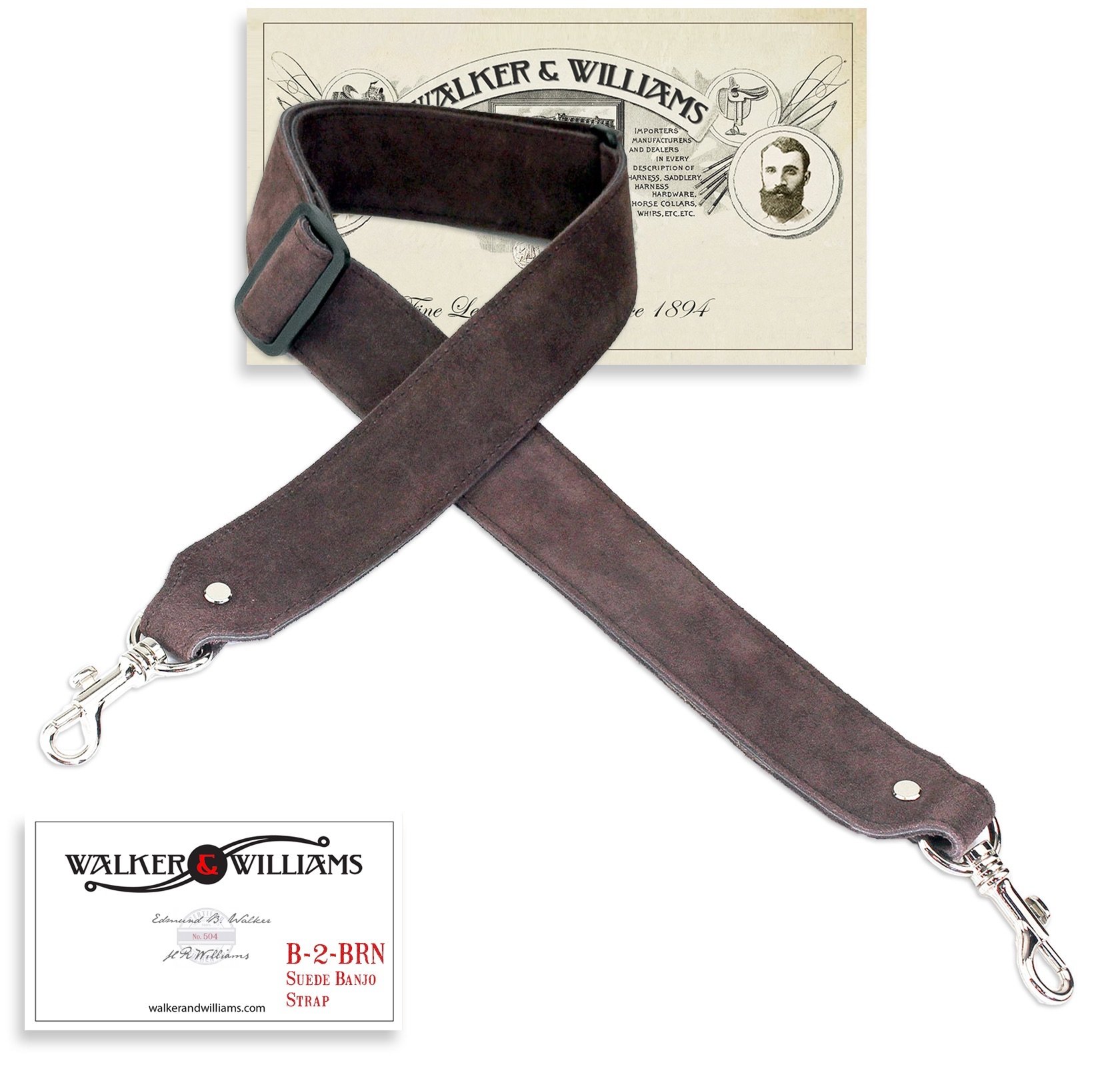 Walker & Williams BS-2-BRN Cognac Brown Thick Suede Adjustable Banjo Strap With Hefty Brass Clip Ends For Bluegrass And Frailing Type Banjos