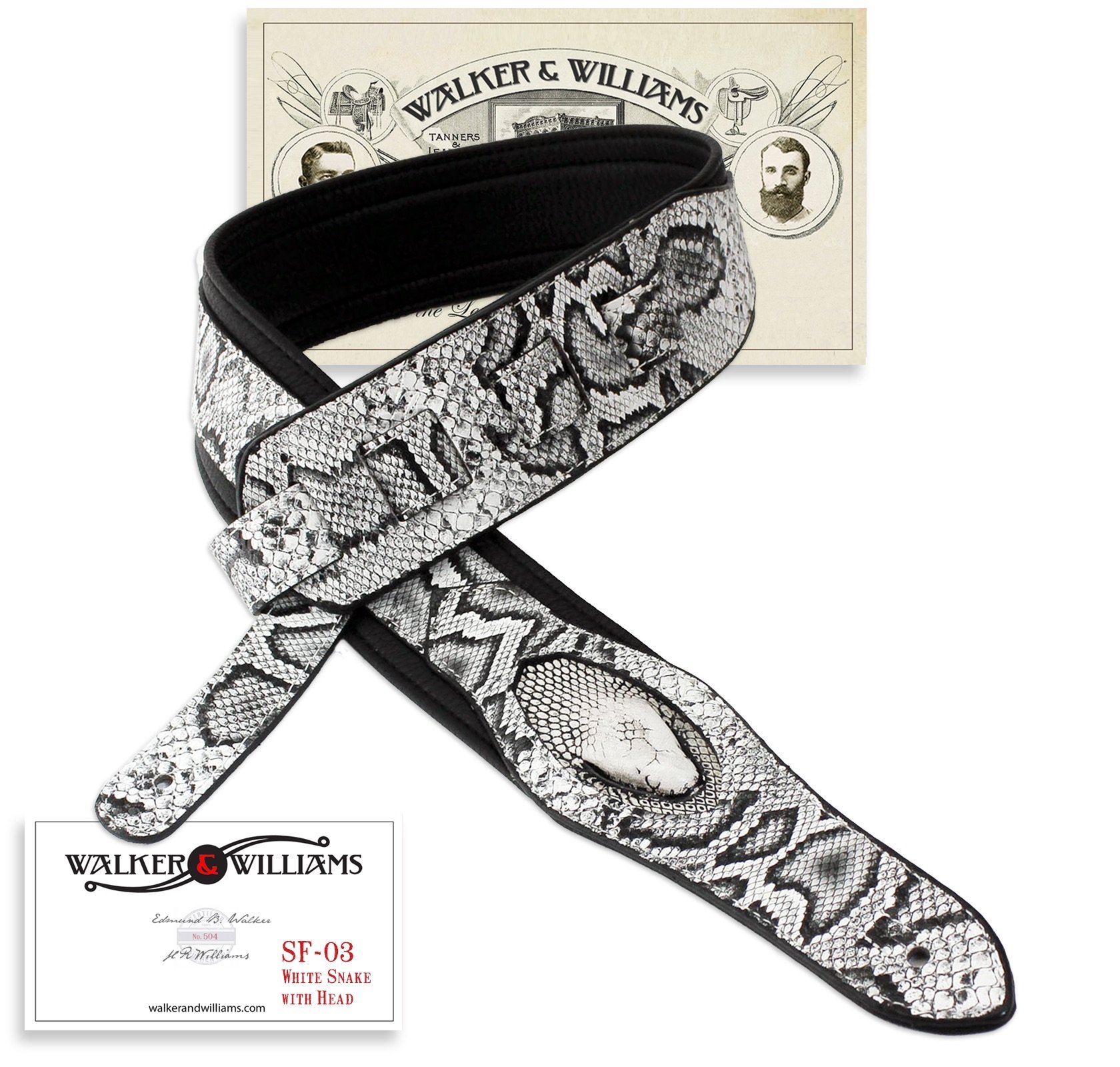 Walker & Williams SF-03 White & Black Textured Snake Pattern Guitar Strap with Snakehead