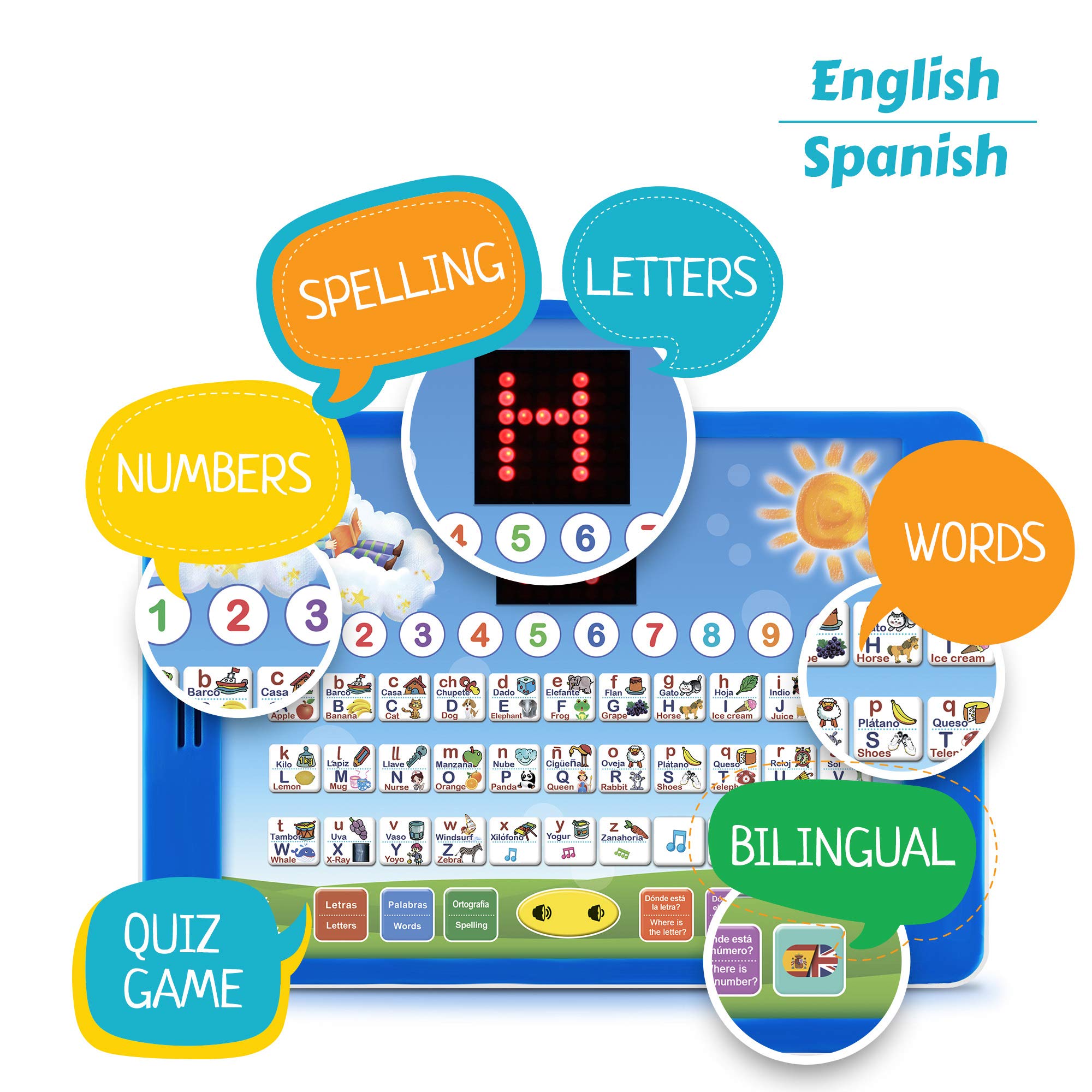 Boxiki kids Spanish-English Learning Bilingual Tablet Educational Toy with LED Screen Display. Learn Spanish and English with ABC Games and Spelling. Kids Love Our Interactive Educational Toys