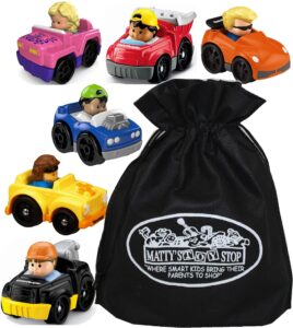 fisher-price little people wheelies vehicles gift set blind bundle with exclusive matty's toy stop storage bag - 6 pack (assorted styles)