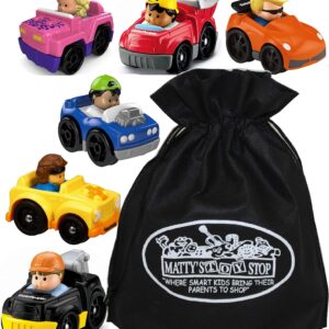 Fisher-Price Little People Wheelies Vehicles Gift Set Blind Bundle with Exclusive Matty's Toy Stop Storage Bag - 6 Pack (Assorted Styles)