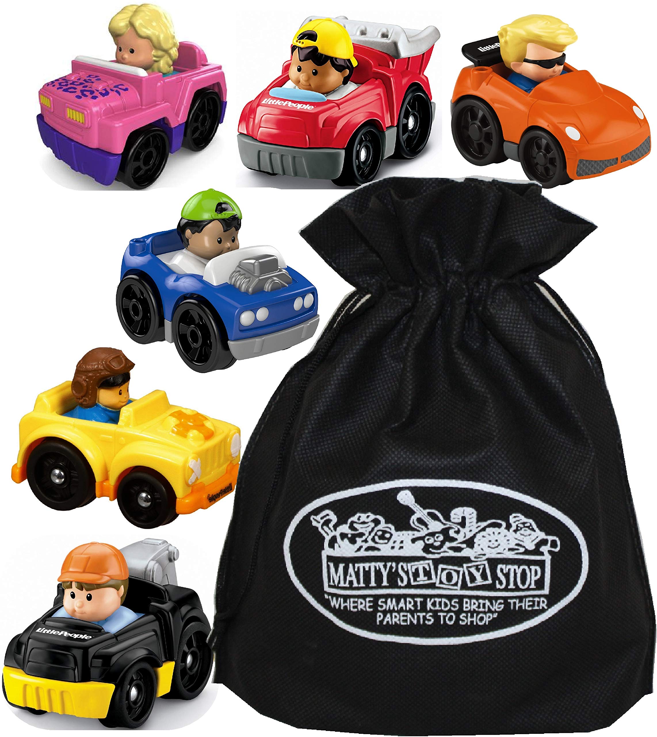 Fisher-Price Little People Wheelies Vehicles Gift Set Blind Bundle with Exclusive Matty's Toy Stop Storage Bag - 6 Pack (Assorted Styles)