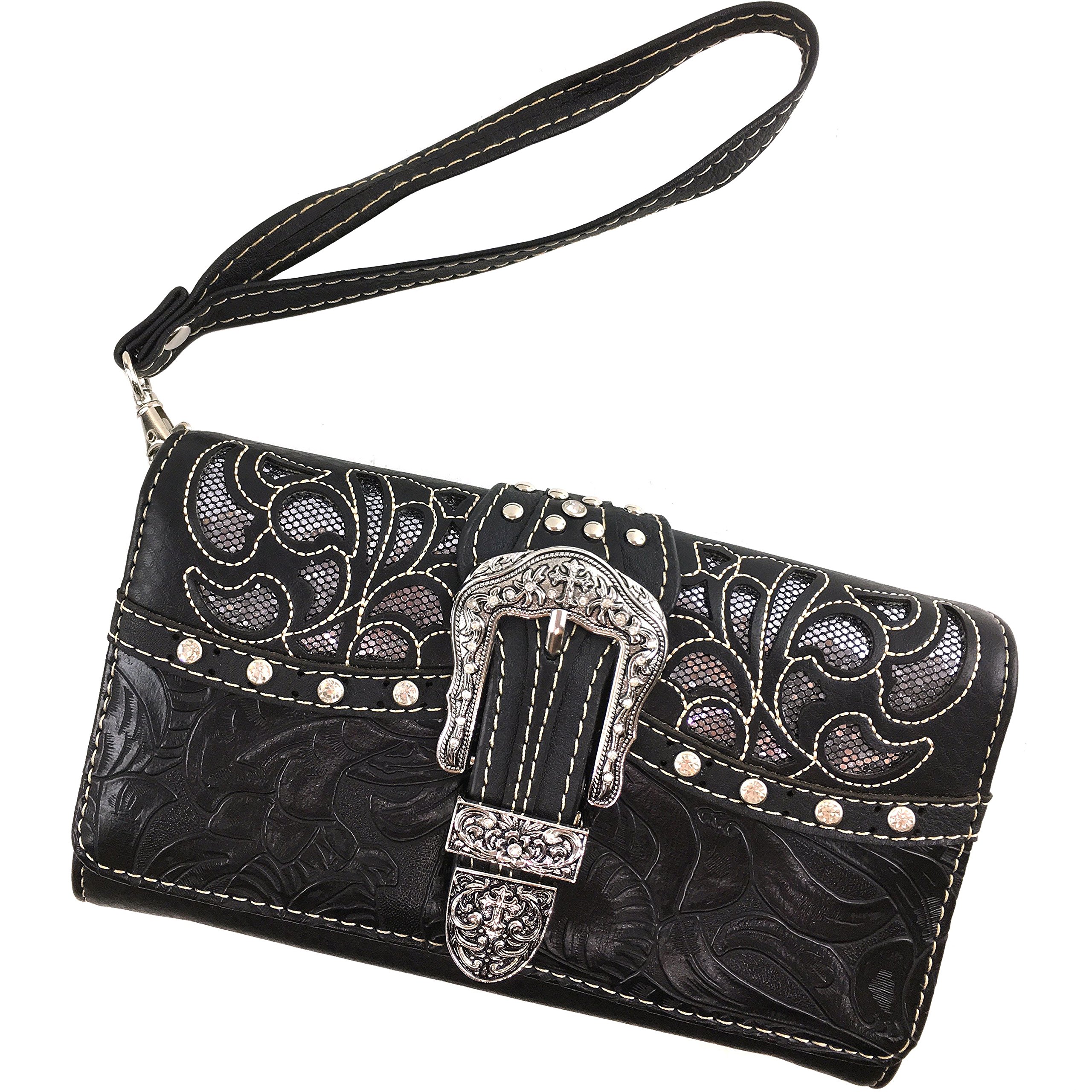 Justin West Rhinestone Concho Leather Fringe Gleaming Laser Cut Wristlet Trifold Wallet Attachable Long Strap (Light Brown Wallet)