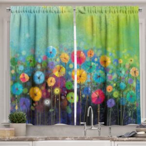 ambesonne flower kitchen curtains, dandelions featured in garden with brushstrokes watercolored abstract landscape art, window drapes 2 panel set for kitchen cafe decor, 55" x 39", green yellow