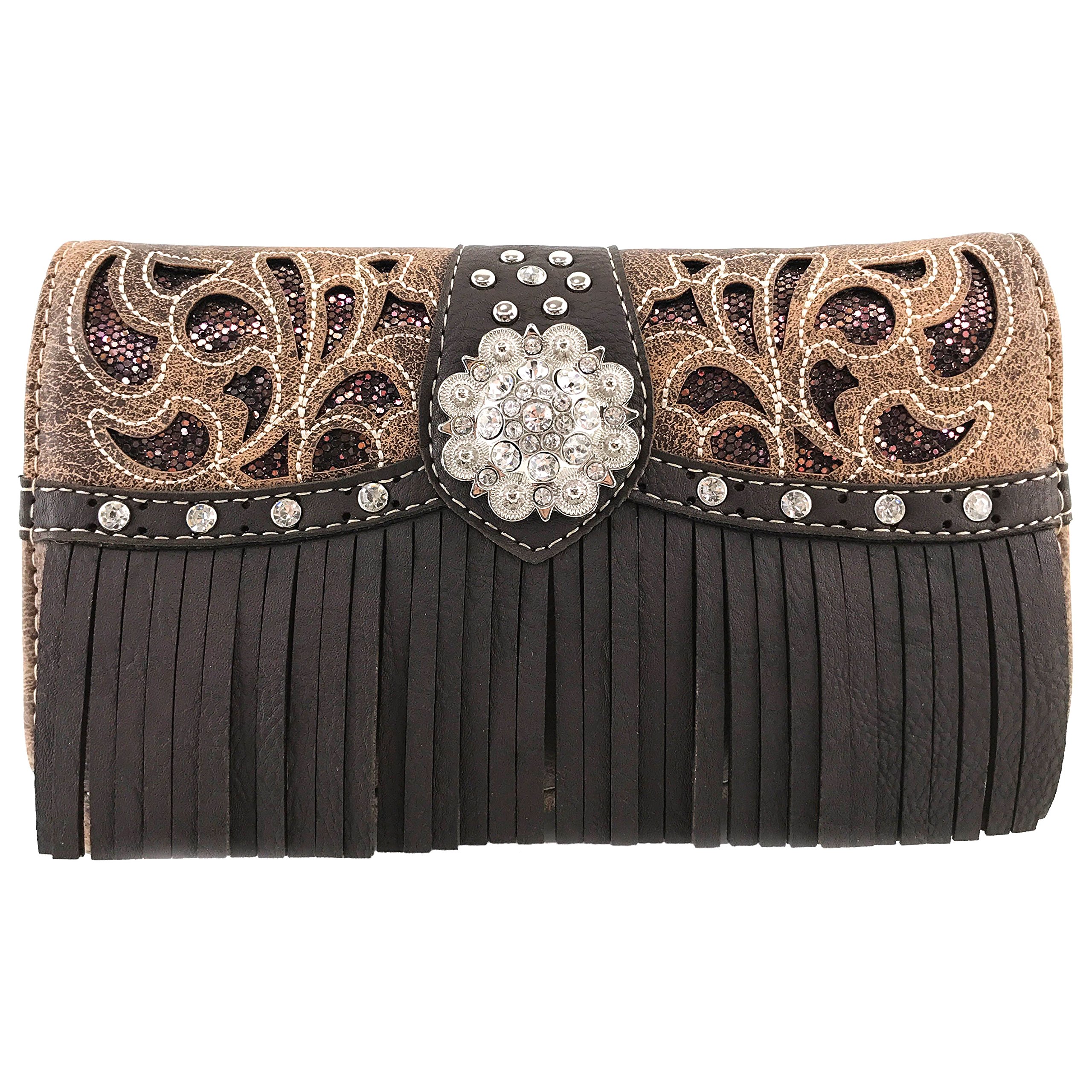 Rhinestone Concho Leather Fringe Gleaming Laser Cut Conceal Carry Handbag Purse (Brown Purse and Wallet)