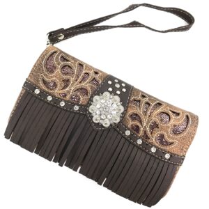 Rhinestone Concho Leather Fringe Gleaming Laser Cut Conceal Carry Handbag Purse (Brown Purse and Wallet)