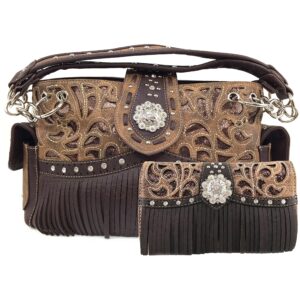 rhinestone concho leather fringe gleaming laser cut conceal carry handbag purse (brown purse and wallet)