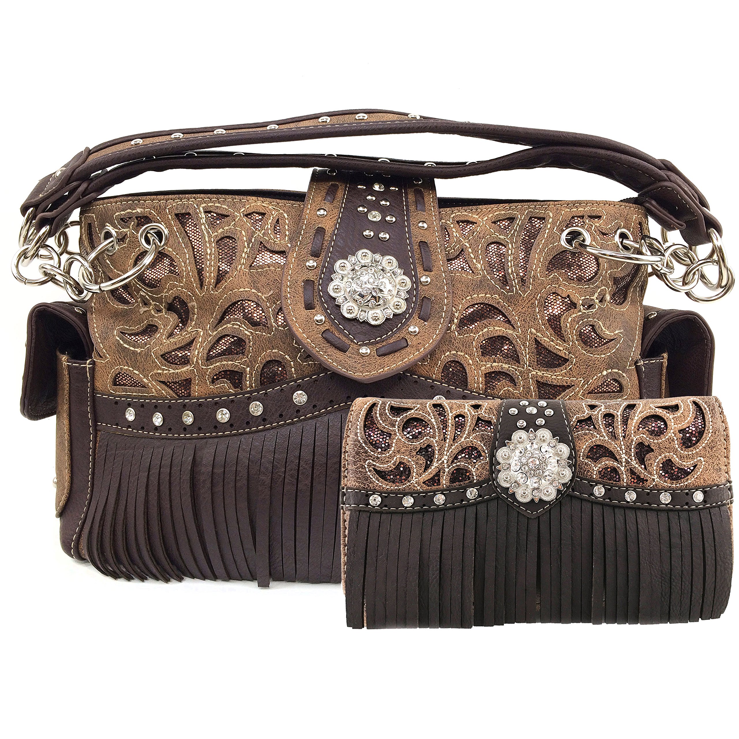 Rhinestone Concho Leather Fringe Gleaming Laser Cut Conceal Carry Handbag Purse (Brown Purse and Wallet)