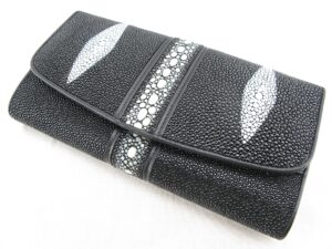 pelgio genuine row diamond stingray skin leather women's trifold clutch wallet black