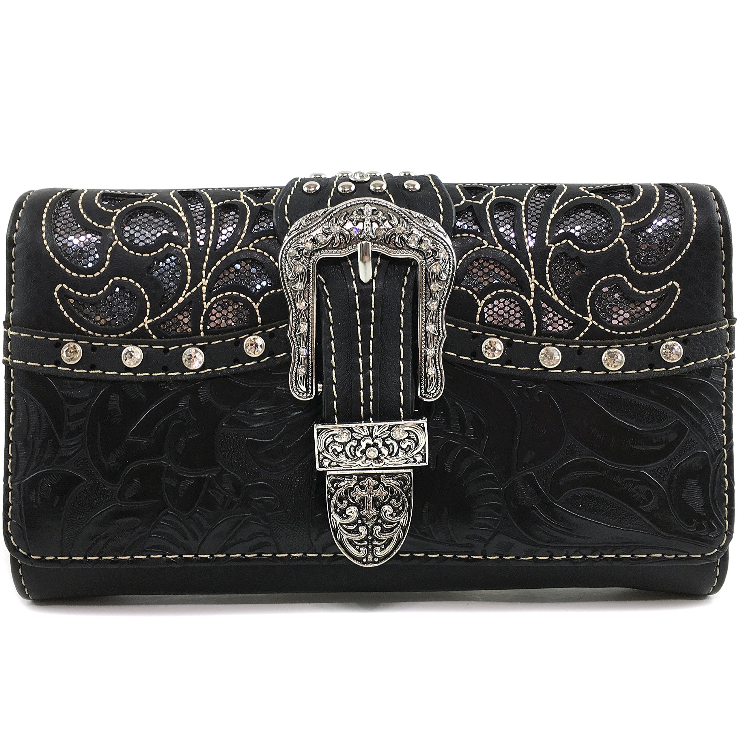 Justin West Rhinestone Concho Leather Fringe Gleaming Laser Cut Wristlet Trifold Wallet Attachable Long Strap (Light Brown Wallet)