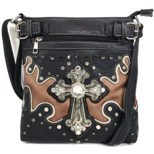 justin west washed pu leather shoulder handbag stud rhinestone cross concealed carry (brown messenger)