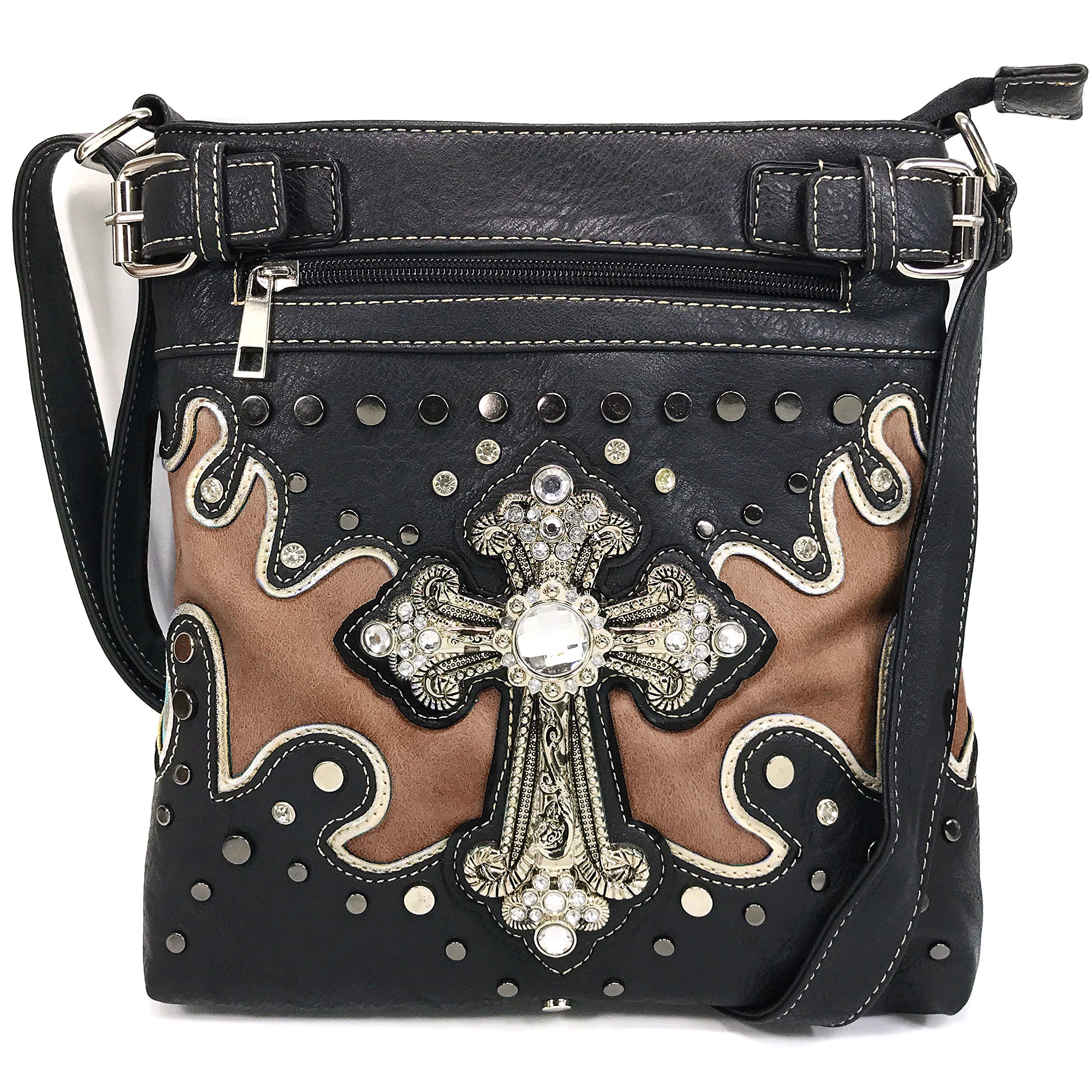 Justin West Washed PU Leather Shoulder Handbag Stud Rhinestone Cross Concealed Carry (Brown Messenger)