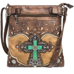 justin west tooled leather laser cut turquoise rhinestone cross concho studded messenger handbag with crossbody strap (tan messenger only)