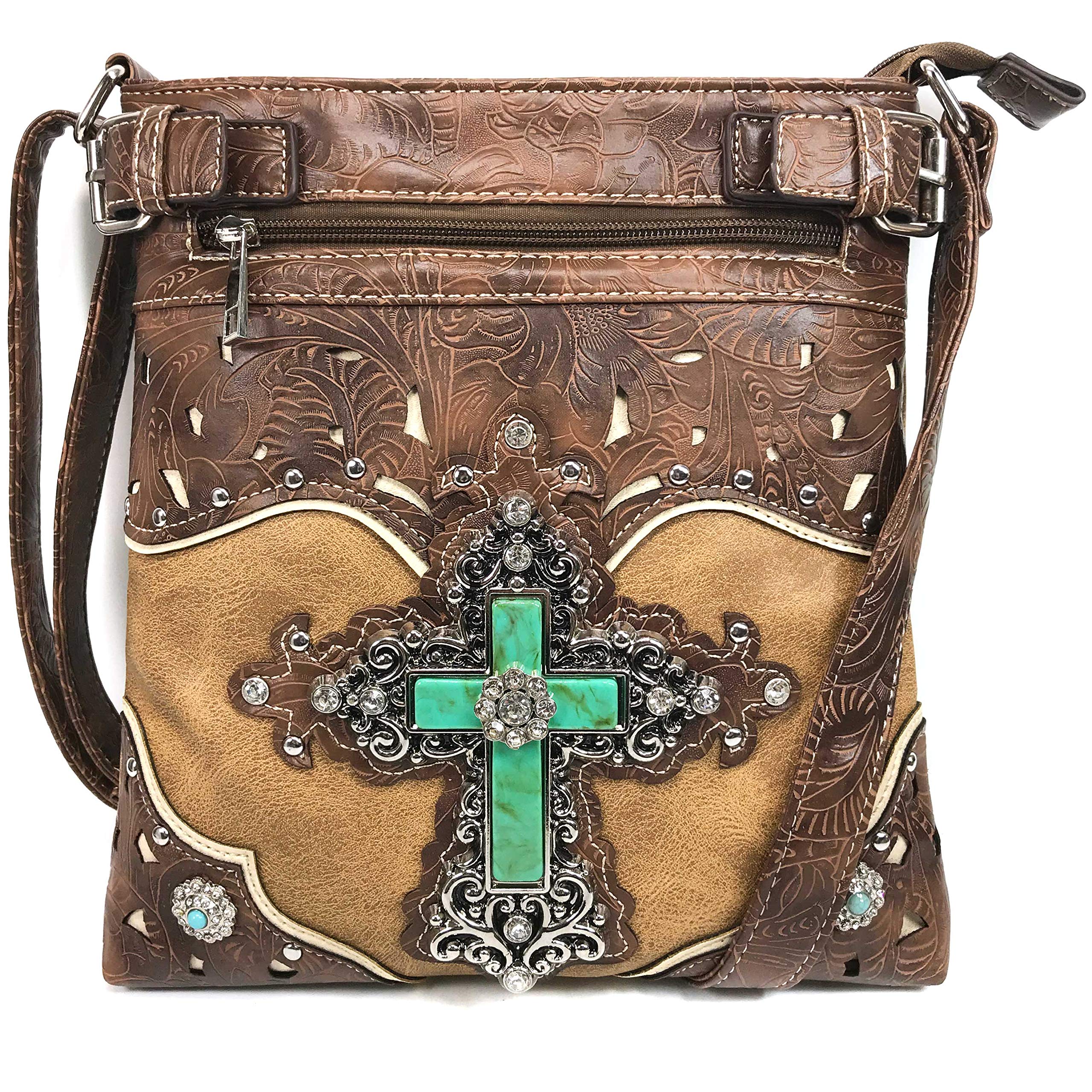 Justin West Tooled Leather Laser Cut Turquoise Rhinestone Cross Concho Studded Messenger Handbag with CrossBody Strap (Tan Messenger Only)