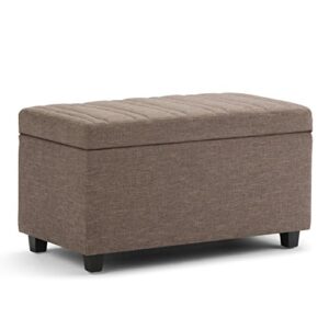 simplihome darcy 33 inch wide contemporary rectangle storage ottoman bench in fawn brown linen look fabric, for the living room, entryway and family room