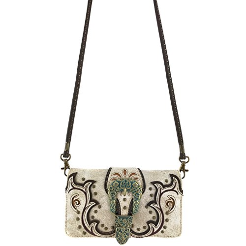 Justin West Patina Girl Western Bronze Floral Buckle Handbag Purse Tote and Strap Wallet (Beige Tote and Wallet)