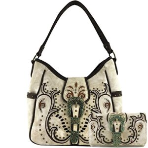 justin west patina girl western bronze floral buckle handbag purse tote and strap wallet (beige tote and wallet)