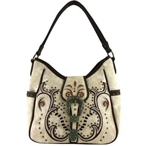 Justin West Patina Girl Western Bronze Floral Buckle Handbag Purse Tote and Strap Wallet (Beige Tote and Wallet)