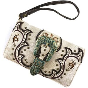 Justin West Patina Girl Western Bronze Floral Buckle Handbag Purse Tote and Strap Wallet (Beige Tote and Wallet)