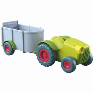 haba little friends tractor and trailer - 2 piece farm play set with movable hatch