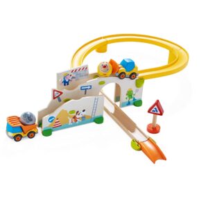 haba kullerbu at the construction site play track - 13 piece starter set with 2 vehicles and fascinating ball drop - ages 2 and up