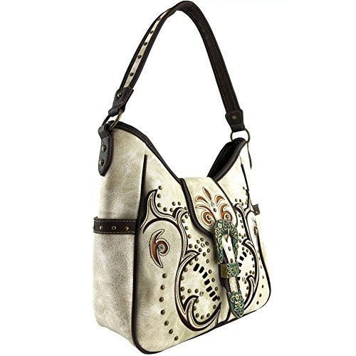 Justin West Patina Girl Western Bronze Floral Buckle Handbag Purse Tote and Strap Wallet (Beige Tote and Wallet)