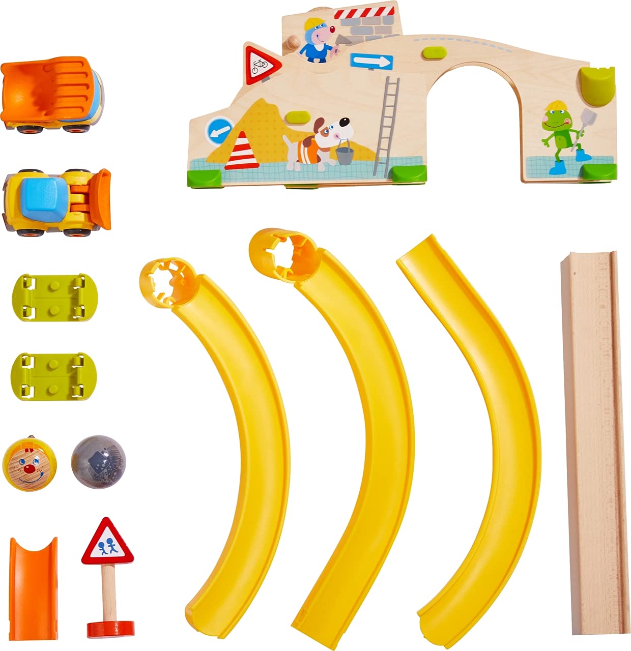 HABA Kullerbu at The Construction Site Play Track - 13 Piece Starter Set with 2 Vehicles and Fascinating Ball Drop - Ages 2 and Up