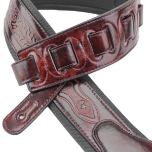 Walker & Williams GB-163 Oxford Brown Handmade Padded Guitar Strap with Oak Leaves & Texas Star Tooling For Acoustic, Electric, And Bass Guitars