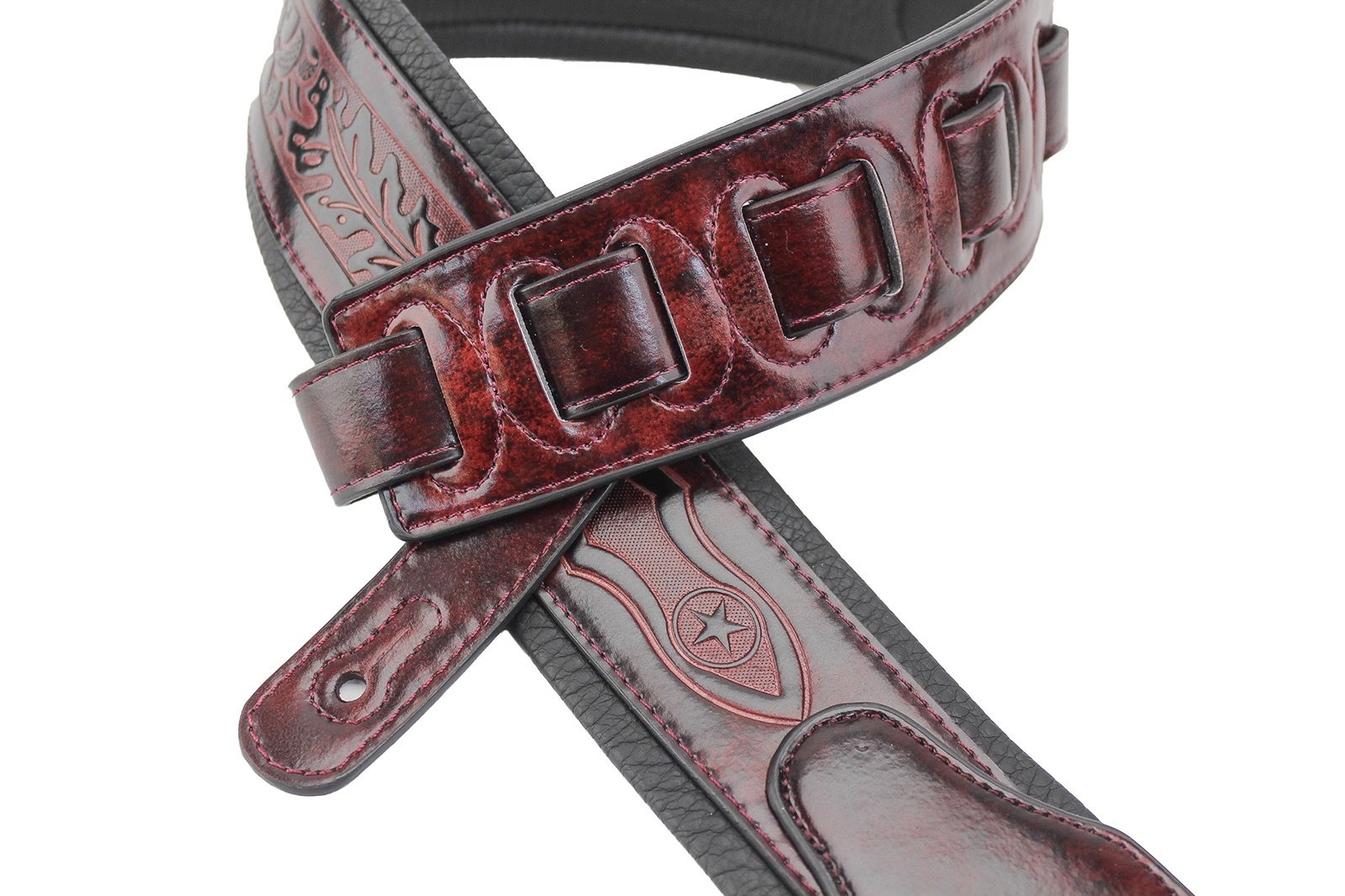 Walker & Williams GB-163 Oxford Brown Handmade Padded Guitar Strap with Oak Leaves & Texas Star Tooling For Acoustic, Electric, And Bass Guitars