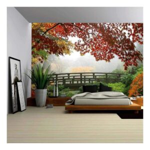 wall26 - misty fall morning in portland's japanese gardens - removable wall mural | self-adhesive large wallpaper - 100x144 inches