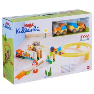 HABA Kullerbu at The Construction Site Play Track - 13 Piece Starter Set with 2 Vehicles and Fascinating Ball Drop - Ages 2 and Up