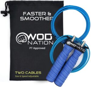 wod nation attack speed jump rope : adjustable jumping ropes : unique two cable skipping workout system : one thick and one light 11 foot cable : perfect for double unders forhiit : fits men and women