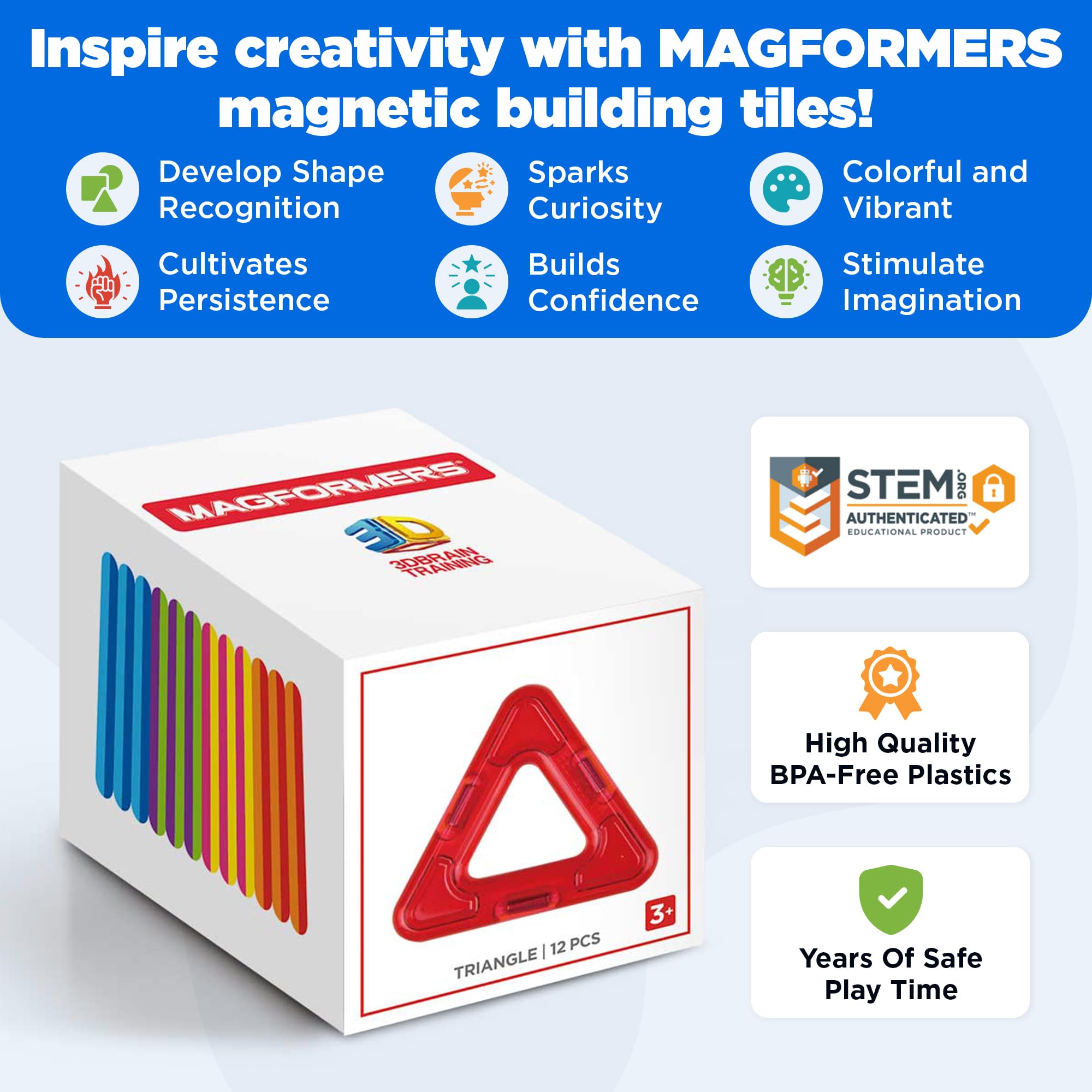 MAGFORMERS Triangle 12 Pieces Rainbow Colors, Educational Magnetic Geometric Shapes Tiles Building STEM Toy Set Ages 3+