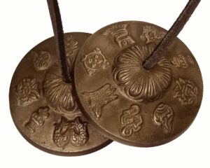 purpledip brass tingsha bell holy symbols: buddhist tibetan handheld cymbals chimes manjeere musical instrument for prayer meditation, 3 inches (10679)