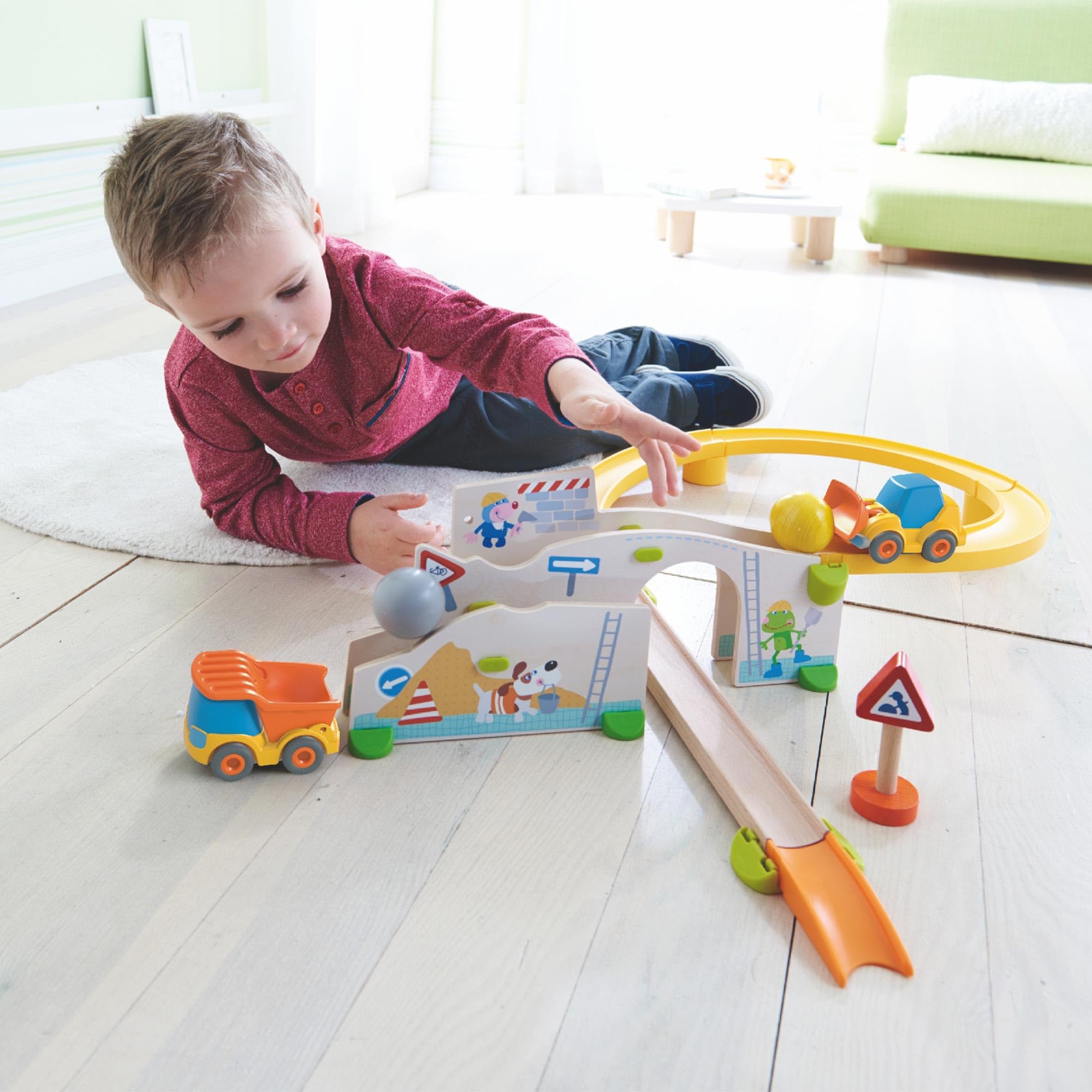 HABA Kullerbu at The Construction Site Play Track - 13 Piece Starter Set with 2 Vehicles and Fascinating Ball Drop - Ages 2 and Up