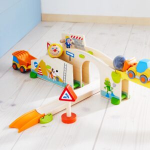 HABA Kullerbu at The Construction Site Play Track - 13 Piece Starter Set with 2 Vehicles and Fascinating Ball Drop - Ages 2 and Up