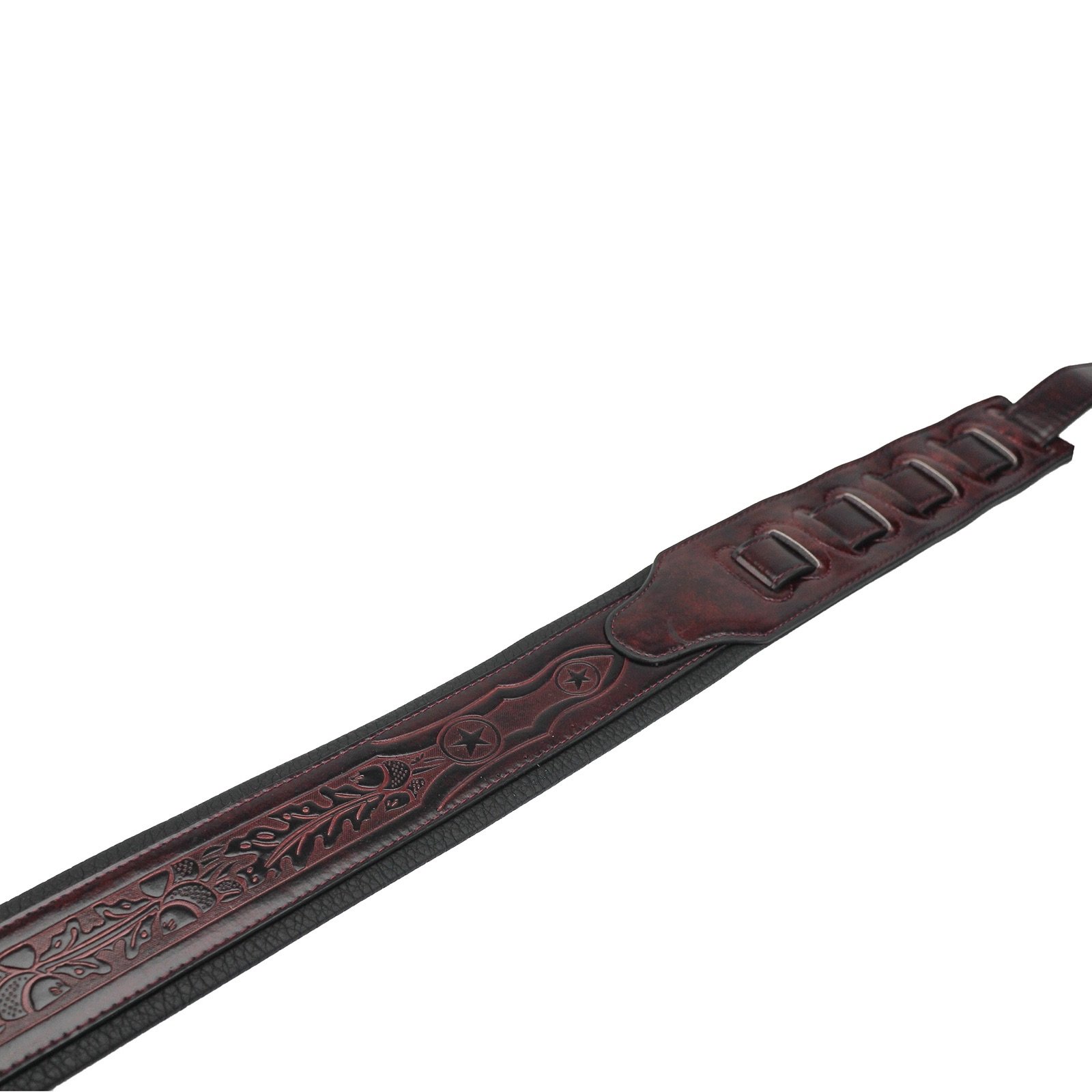 Walker & Williams GB-163 Oxford Brown Handmade Padded Guitar Strap with Oak Leaves & Texas Star Tooling For Acoustic, Electric, And Bass Guitars