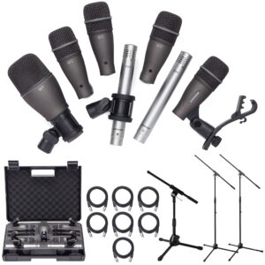 samson dk707 7-piece drum microphone kit with 2 tripod-base mic boom stands, low profile microphone stand with telescoping boom and 7 premium xlr mic cables