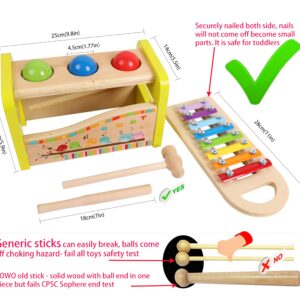 TOWO Wooden Hammer Ball and Xylophone Set - Mallet and Pegs Pound a Ball Tap Bench- Toys for Babies 1 Year Old Baby Boy Girl Toddler Gift - Small Motor Skill Sensory Musical Activity Toys for Kids