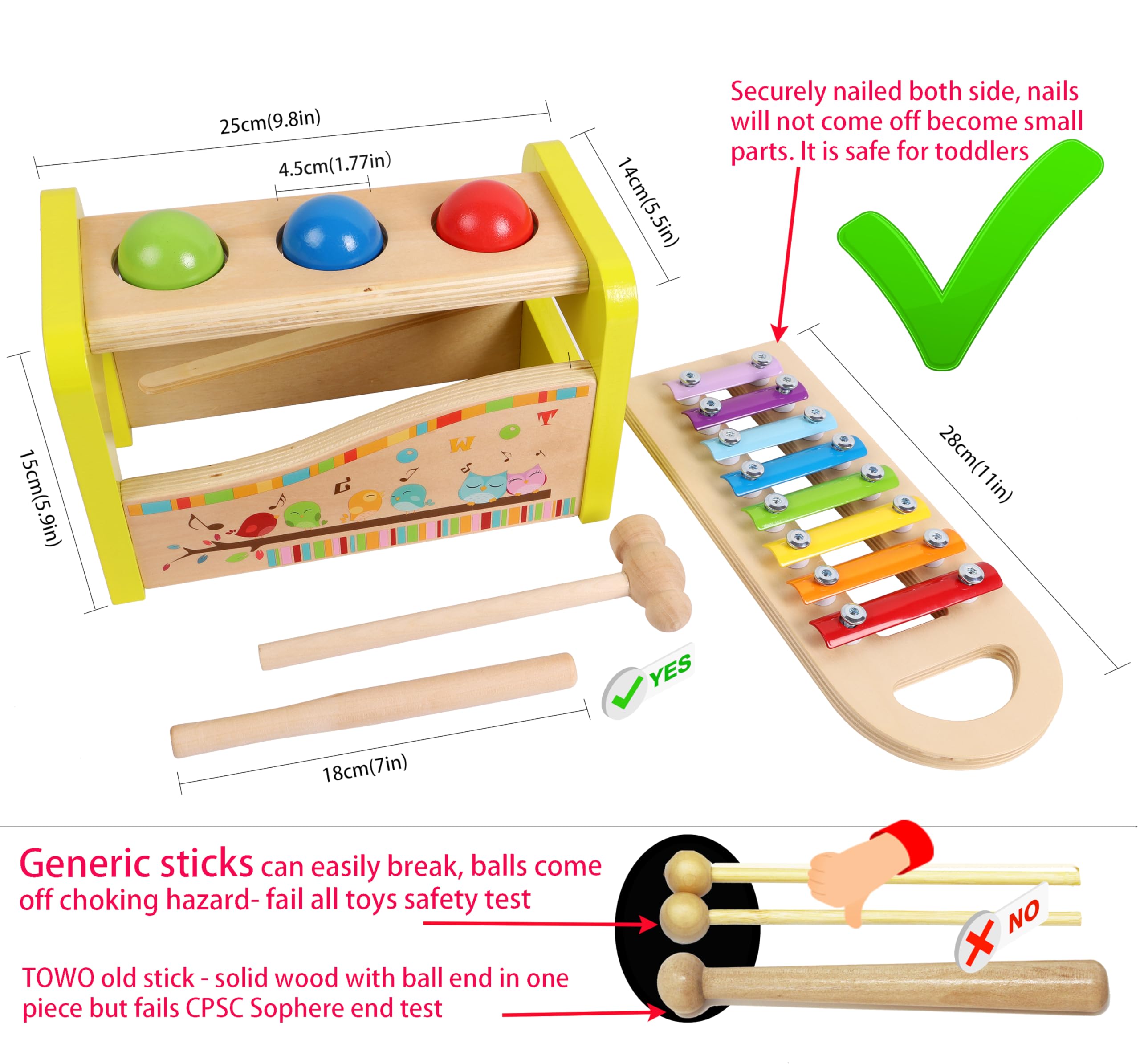 TOWO Wooden Hammer Ball and Xylophone Set - Mallet and Pegs Pound a Ball Tap Bench- Toys for Babies 1 Year Old Baby Boy Girl Toddler Gift - Small Motor Skill Sensory Musical Activity Toys for Kids