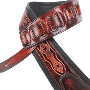 Walker & Williams GB-162 Bourbon Brown Padded Guitar Strap with Oak Leaves & Texas Star