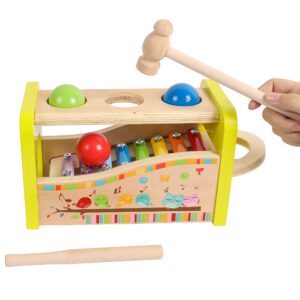 TOWO Wooden Hammer Ball and Xylophone Set - Mallet and Pegs Pound a Ball Tap Bench- Toys for Babies 1 Year Old Baby Boy Girl Toddler Gift - Small Motor Skill Sensory Musical Activity Toys for Kids