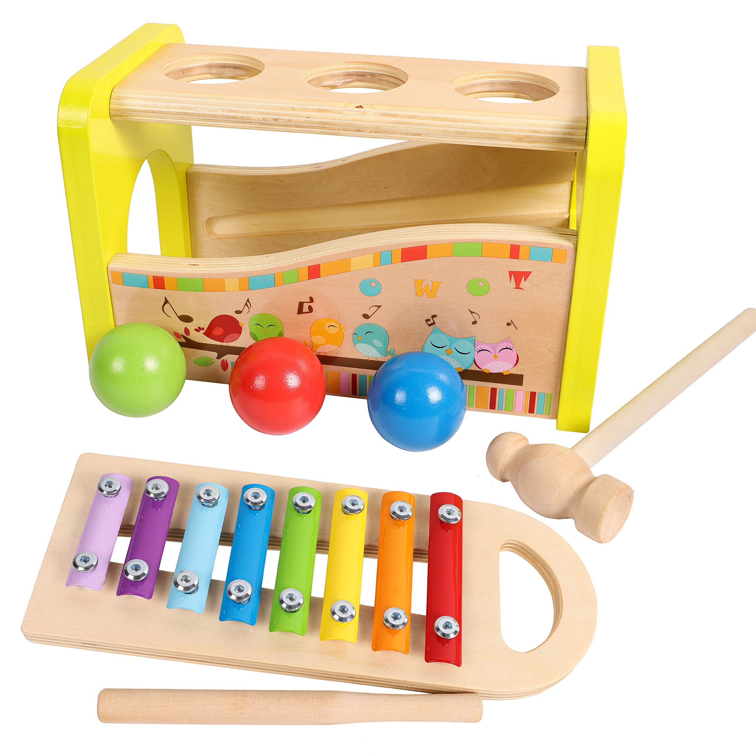 TOWO Wooden Hammer Ball and Xylophone Set - Mallet and Pegs Pound a Ball Tap Bench- Toys for Babies 1 Year Old Baby Boy Girl Toddler Gift - Small Motor Skill Sensory Musical Activity Toys for Kids