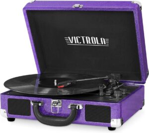 victrola vintage 3-speed bluetooth portable suitcase record player with built-in speakers | upgraded turntable audio sound|purple glitter, model number: vsc-550bt-gpr