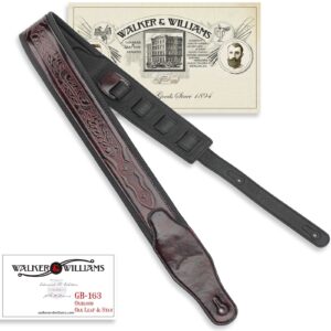 Walker & Williams GB-163 Oxford Brown Handmade Padded Guitar Strap with Oak Leaves & Texas Star Tooling For Acoustic, Electric, And Bass Guitars