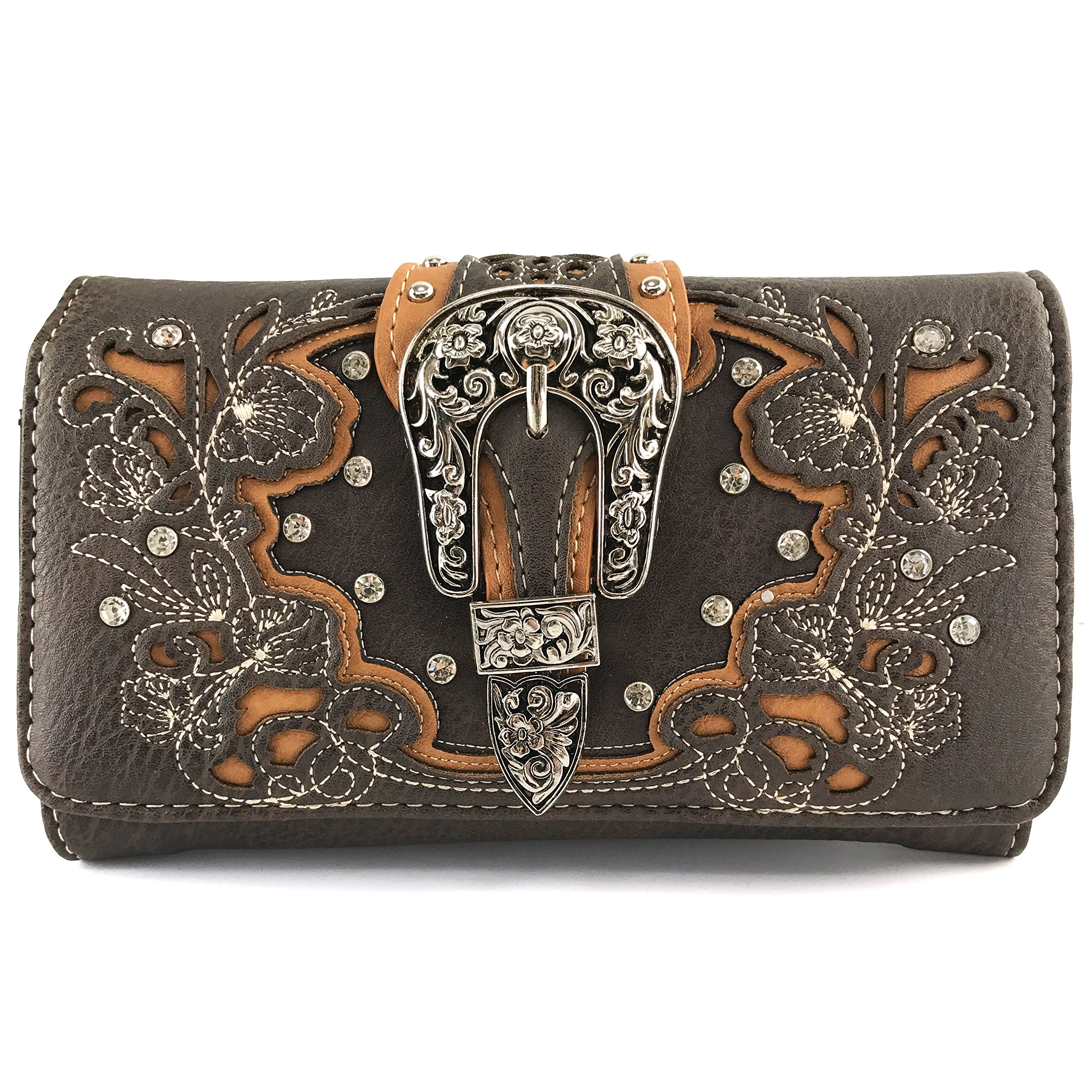 Justin West Floral Buckle Shoulder Concealed Purse (Dark Brown Wallet Only)