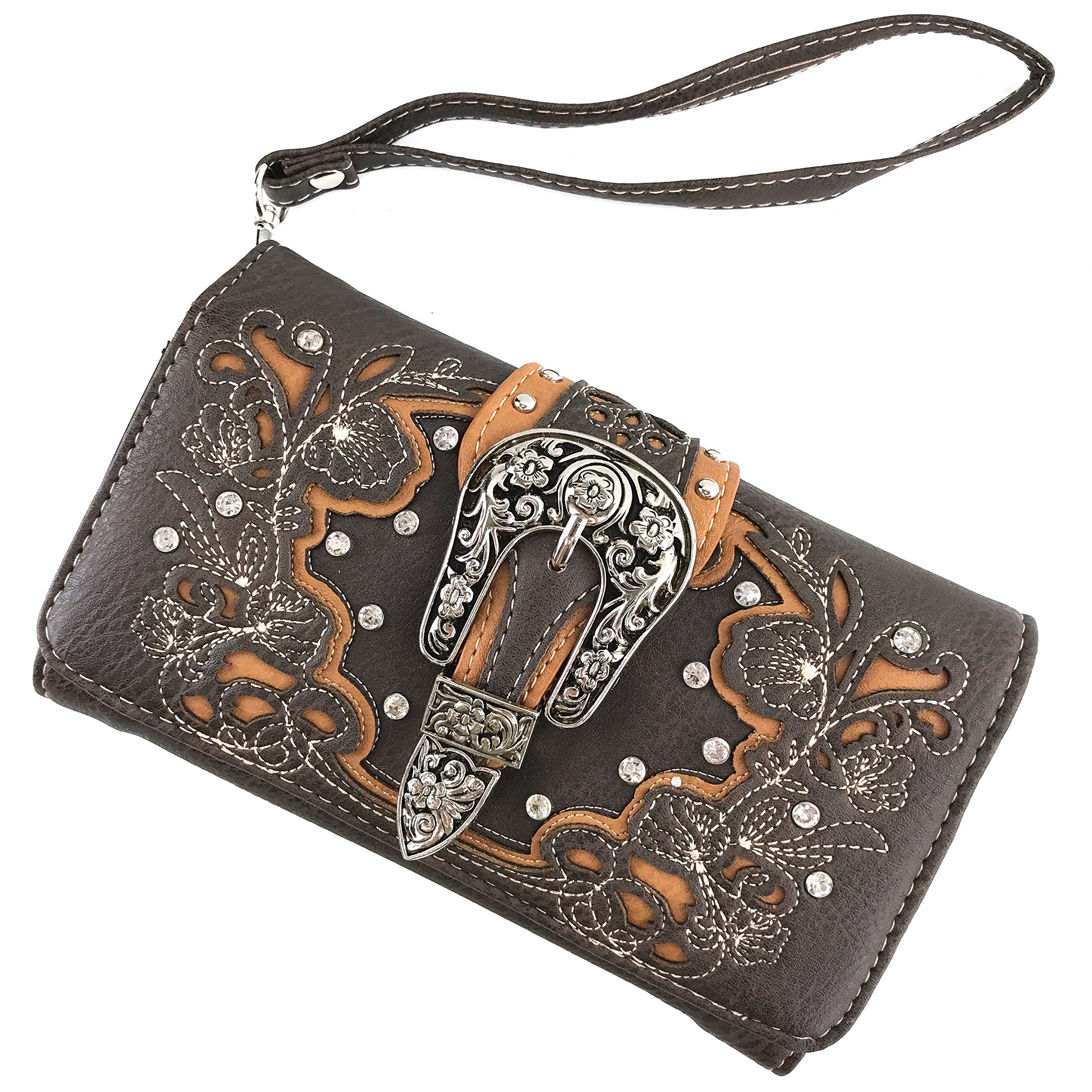 Justin West Floral Buckle Shoulder Concealed Purse (Dark Brown Wallet Only)