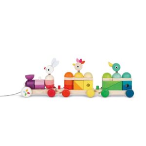 Janod Zigolos Giant 31 Piece Multicolor Wood Pull-Along Train and Stacker – Ages 1+ - J08202