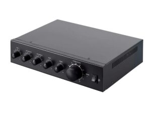 monoprice commercial audio 3 channel 60 watt 100/70v mixer amp - three mic inputs, bass, treble, and volume controls, black